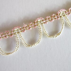 4 Yards Vintage Metallic Trim Looped Ribbon 5/8" Pink Ivory Gold Very ...