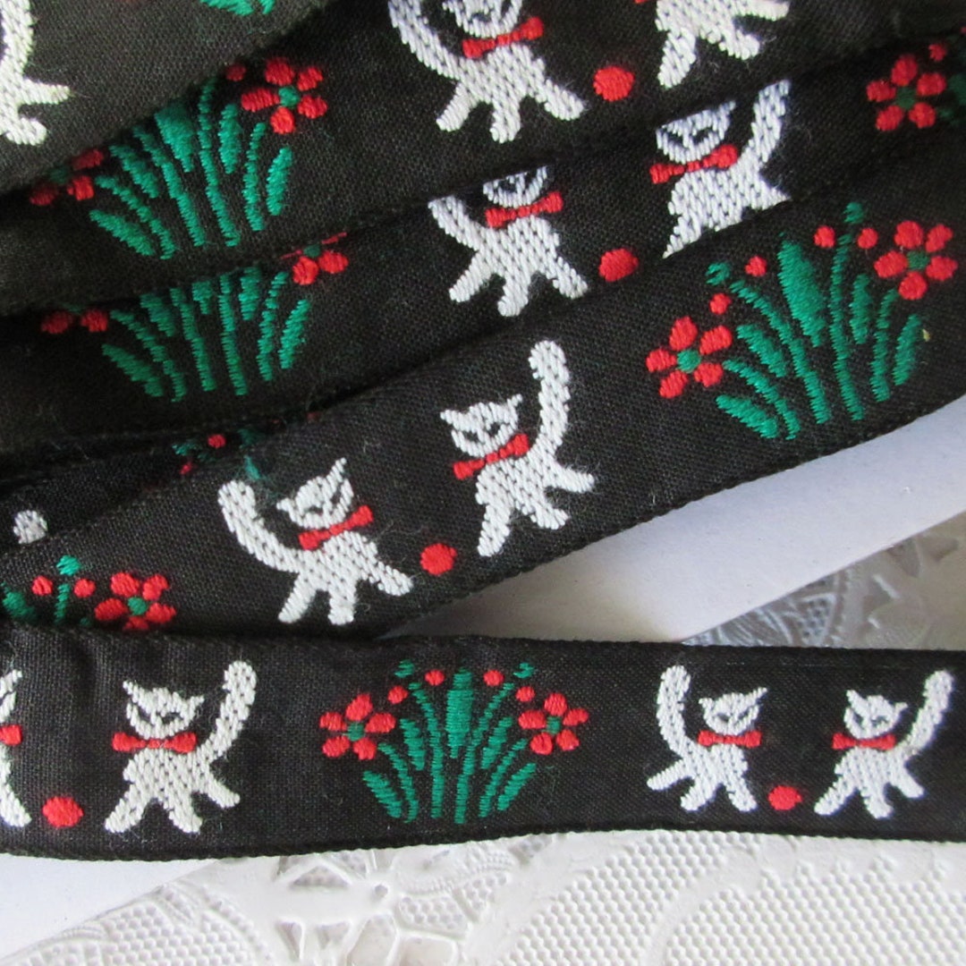 4 Yards Vintage Italy Cats Kittens Trim 13/16" Ribbon White Black Red ...