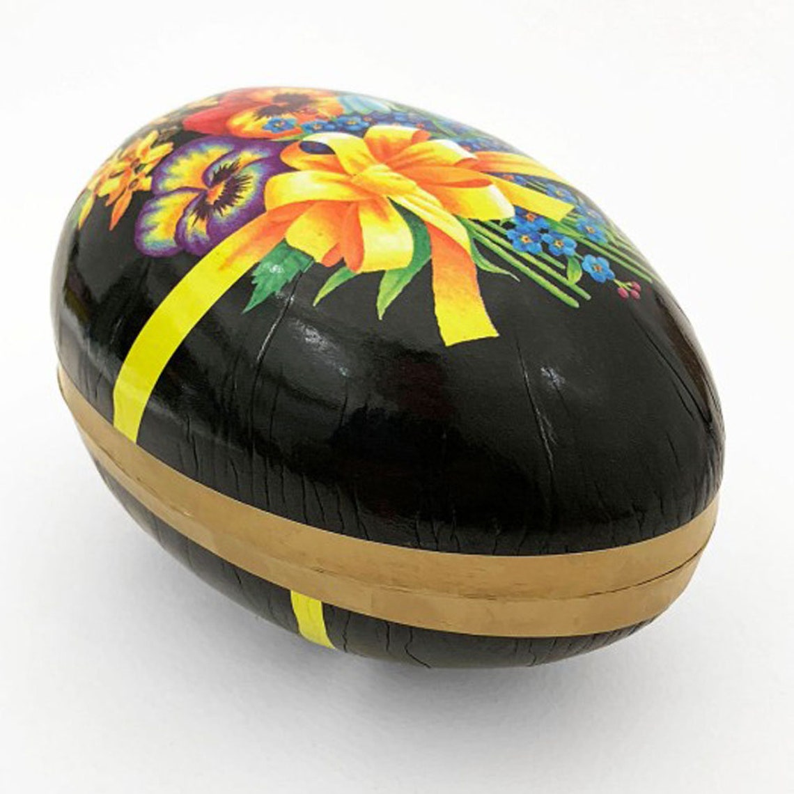 New 6” Germany Papier Paper Mache Easter Egg Box Black With Flowers and ...