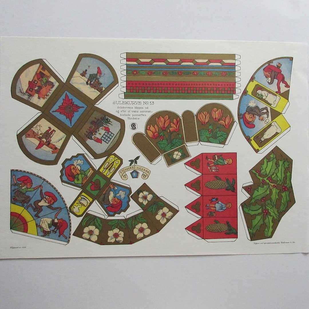 Vintage Denmark Gnomes People Christmas Baskets and Cones Paper Craft ...
