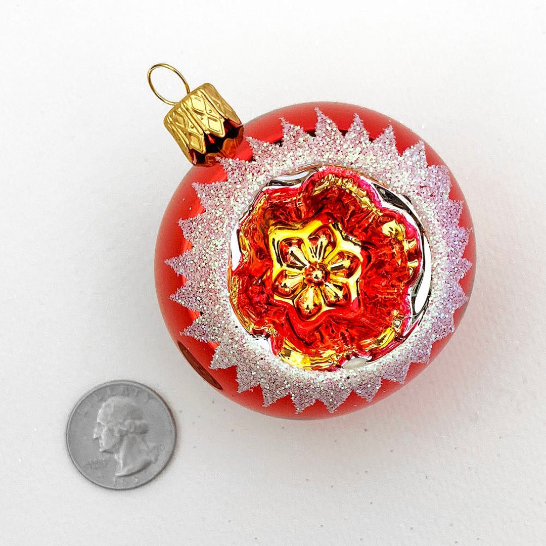 1 Czech Blown Glass Red Retro Glittered Indent Reflector Ball Christmas ...