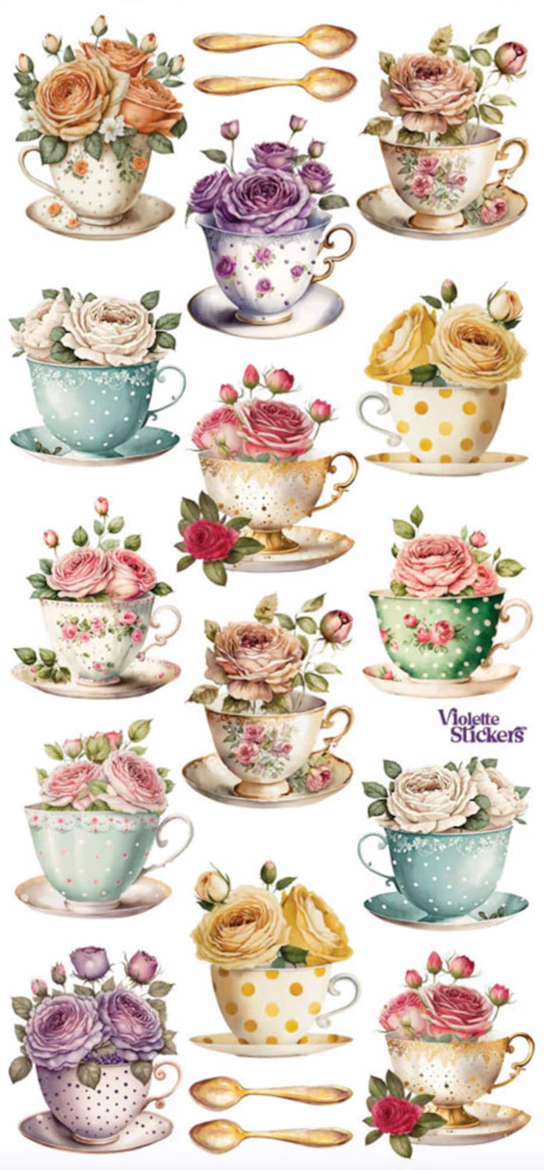3 Sheets Self Adhesive Rose Tea Cups Stickers Colorful Scrapbooking ...