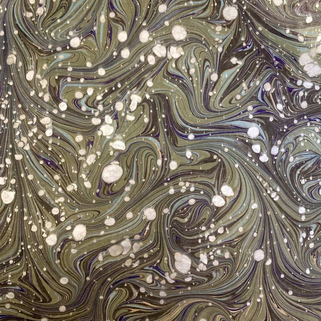 Italy Hand Marbled Paper Veined Stone Pattern in Green and Silver ...