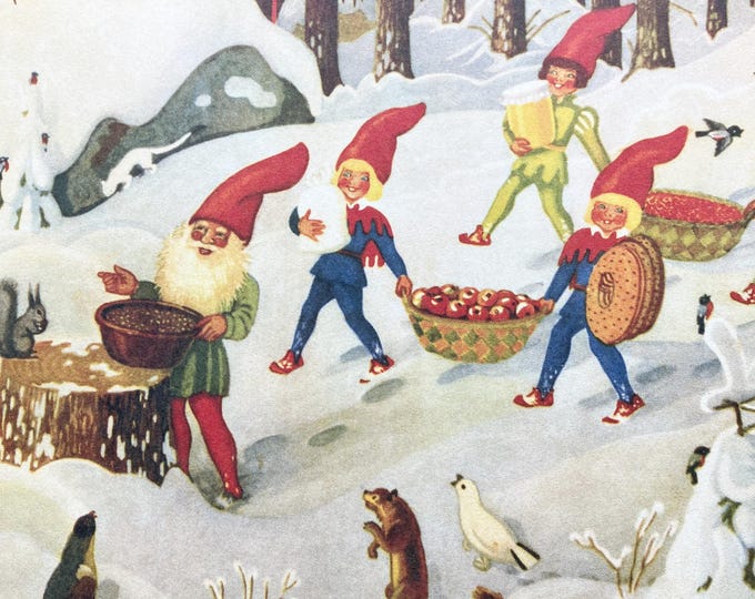 Vintage Sweden 1950s Christmas Paper Lithograph Frieze Decoration Tomte ...