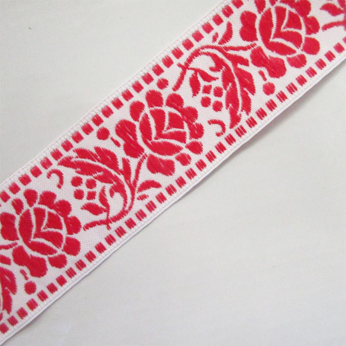 4 Yards Czech Woven Red on White Jacquard Fancy Floral Trim 40mm ...