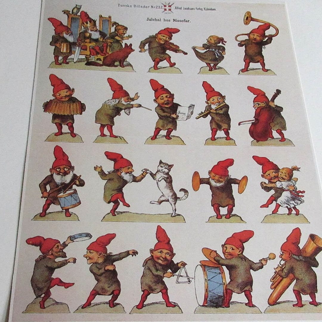 Vintage Denmark Christmas Dancing Musician Gnomes Tomte Paper Craft ...