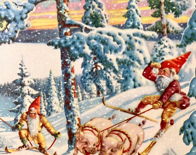 Vintage Sweden 1950s Christmas Paper Lithograph Frieze Decoration Tomte ...