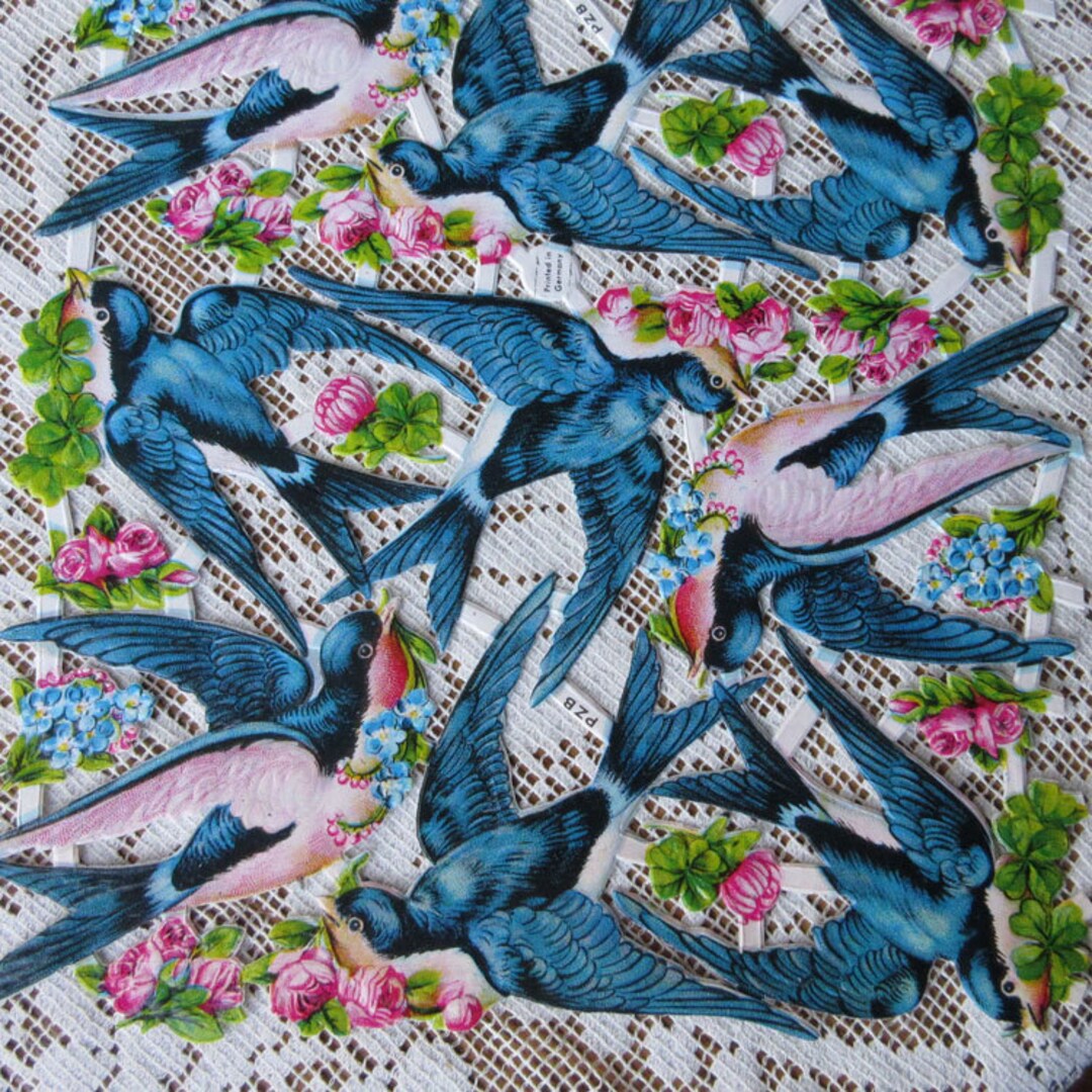 Vintage PZB Germany Paper Scraps Lithographed Die Cut Blue Birds Roses ...