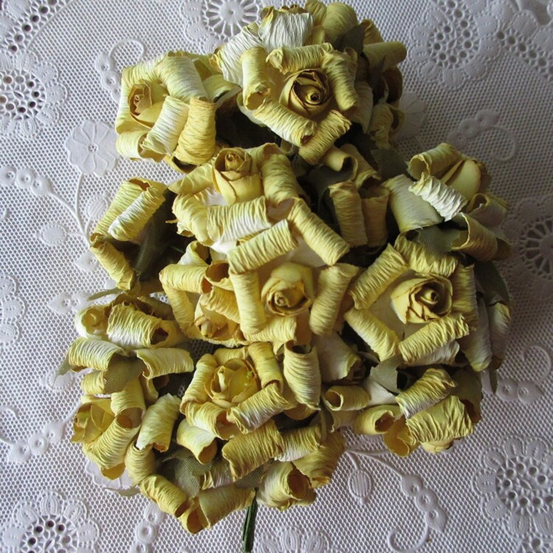 72 Paper Flowers Shabby Sunny Yellow Curled Millinery Roses 12 Bundles ...
