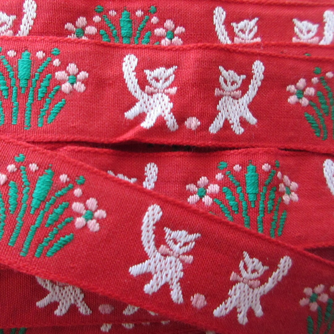 4 Yards Vintage Italy Cats Kittens Trim 13/16" Ribbon White Pink Red ...