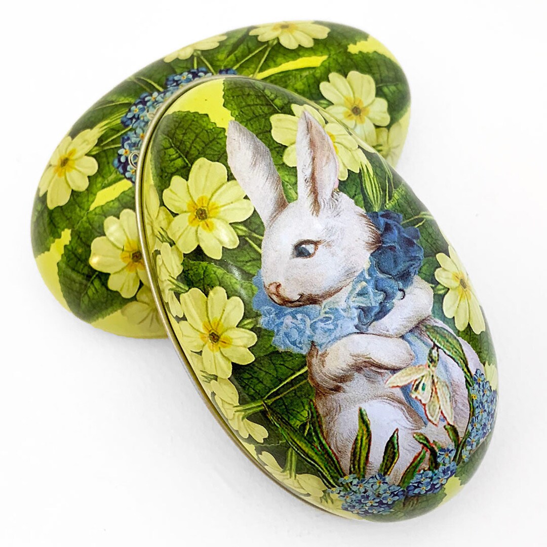 England Tin Metal Easter Egg Box White Bunny Rabbit 4-1/4" Nostalgic ...