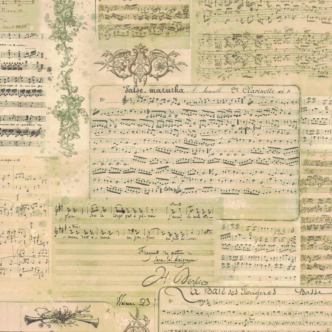 2 Sheets Tea Stained Music Script Gilded Florentine Print Italian Paper ...