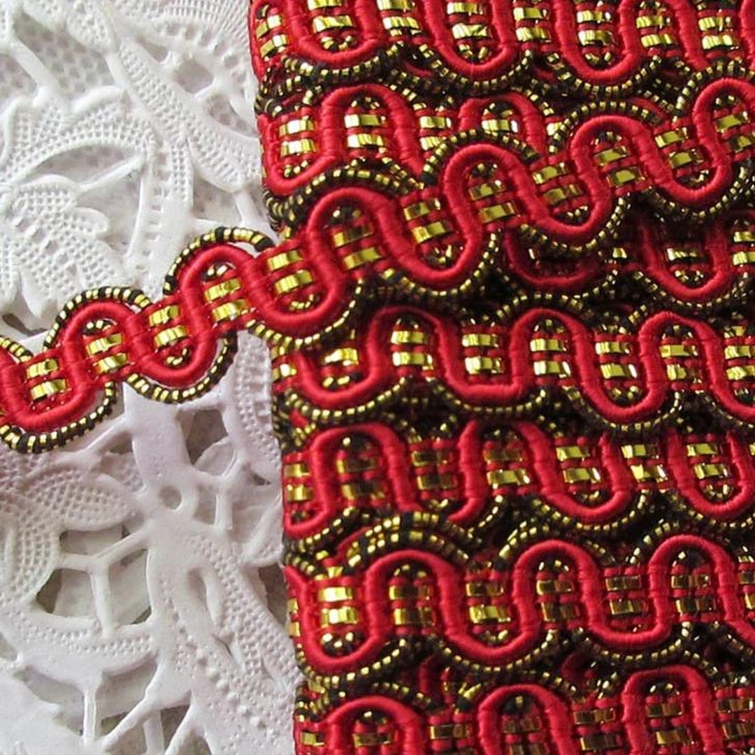 4 Yards Fancy Metallic Gold and Red Trim Ribbon Narrow 3/8" Wide Braid ...