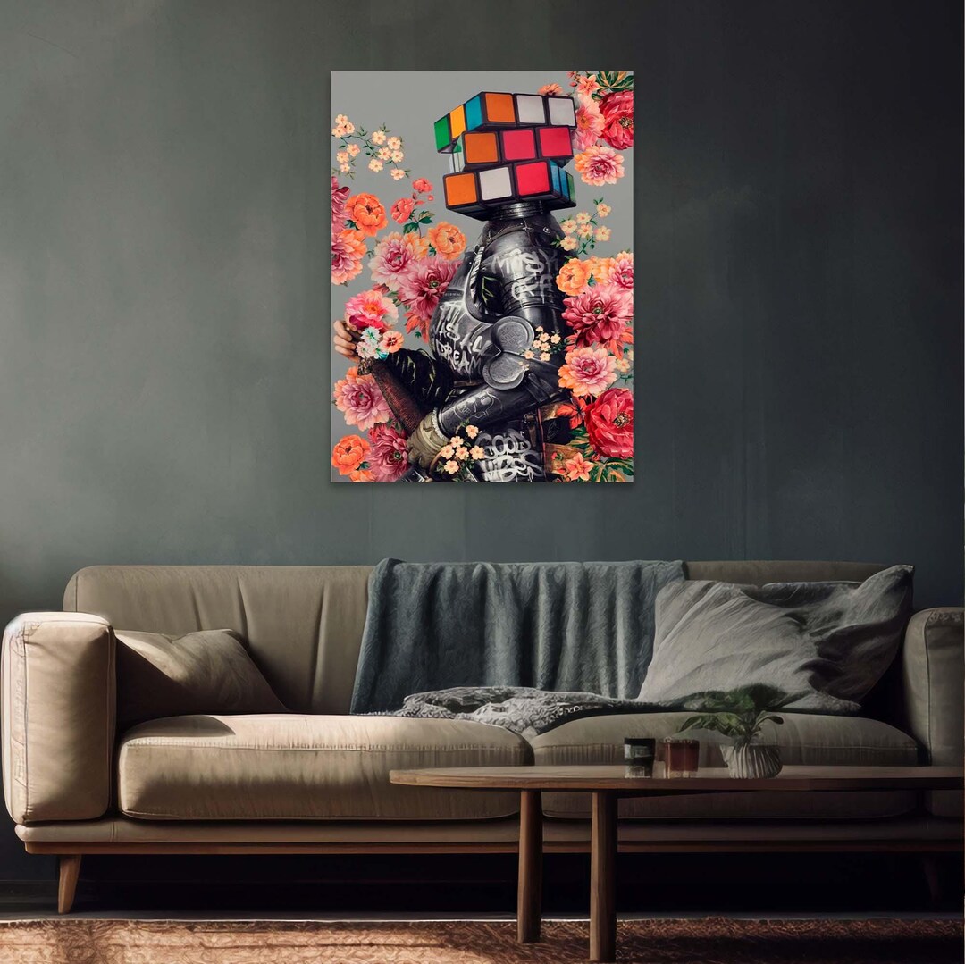 Robot Art Canvas Print: Rubik's Cube Head, Floral Design - Etsy
