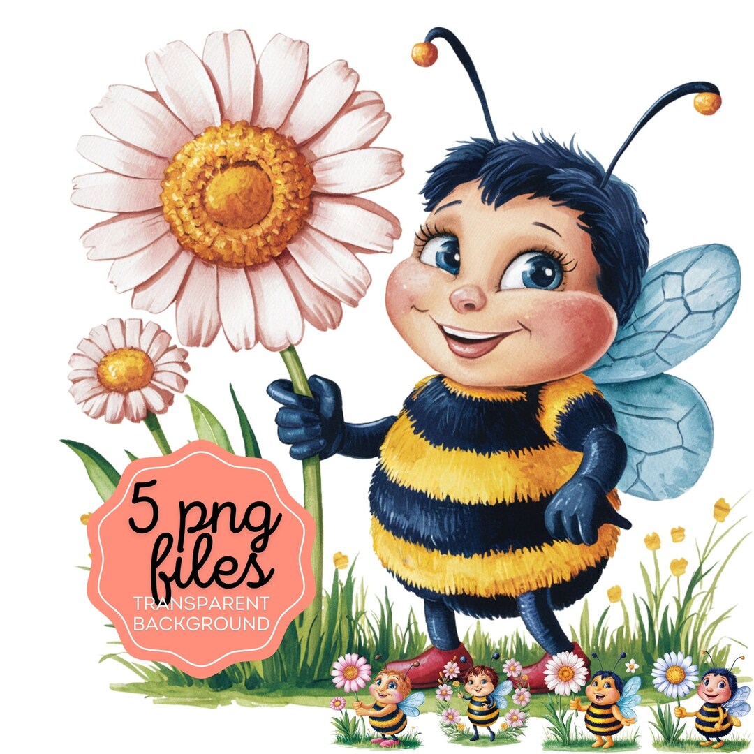 Cute Watercolor Bees & Flowers Clipart - 5 PNG Illustrations, Spring ...