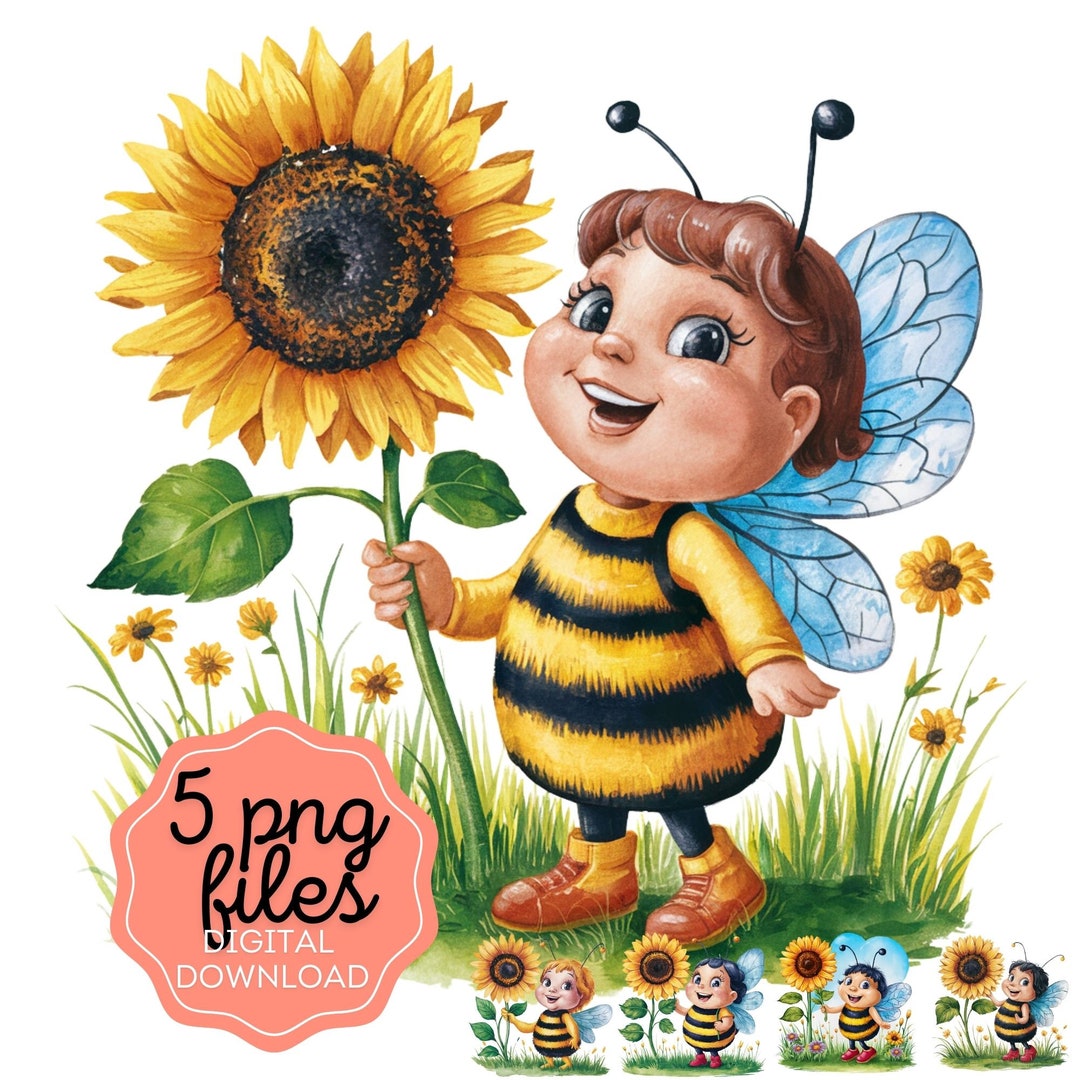 Cute Watercolor Bees & Sunflower Clipart - 5 PNG Illustrations, Spring ...