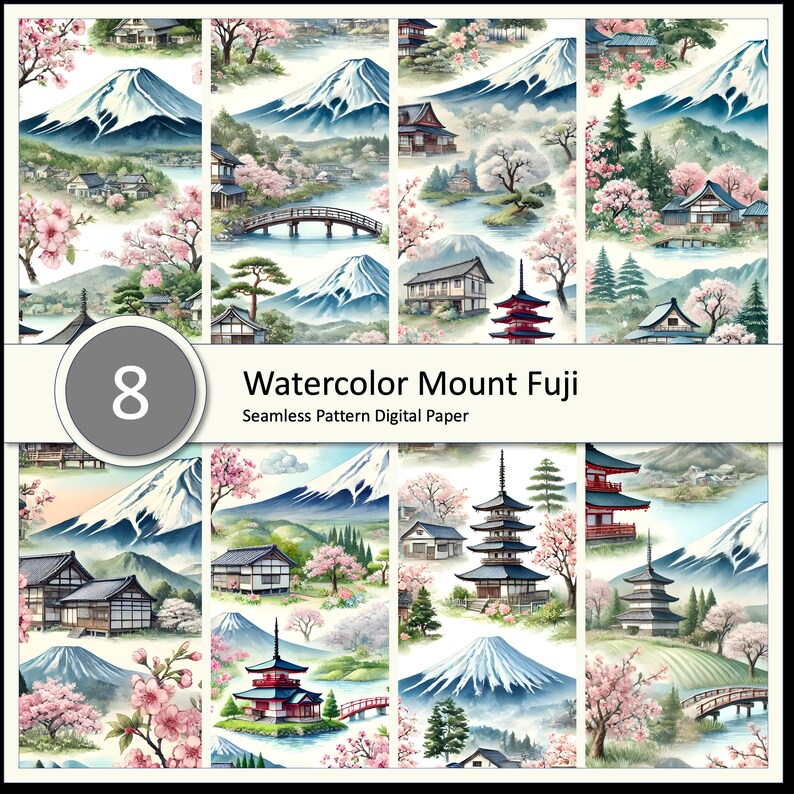 Watercolor Mount Fuji, Iconic Mountain, Japan, Digital Paper, Seamless ...