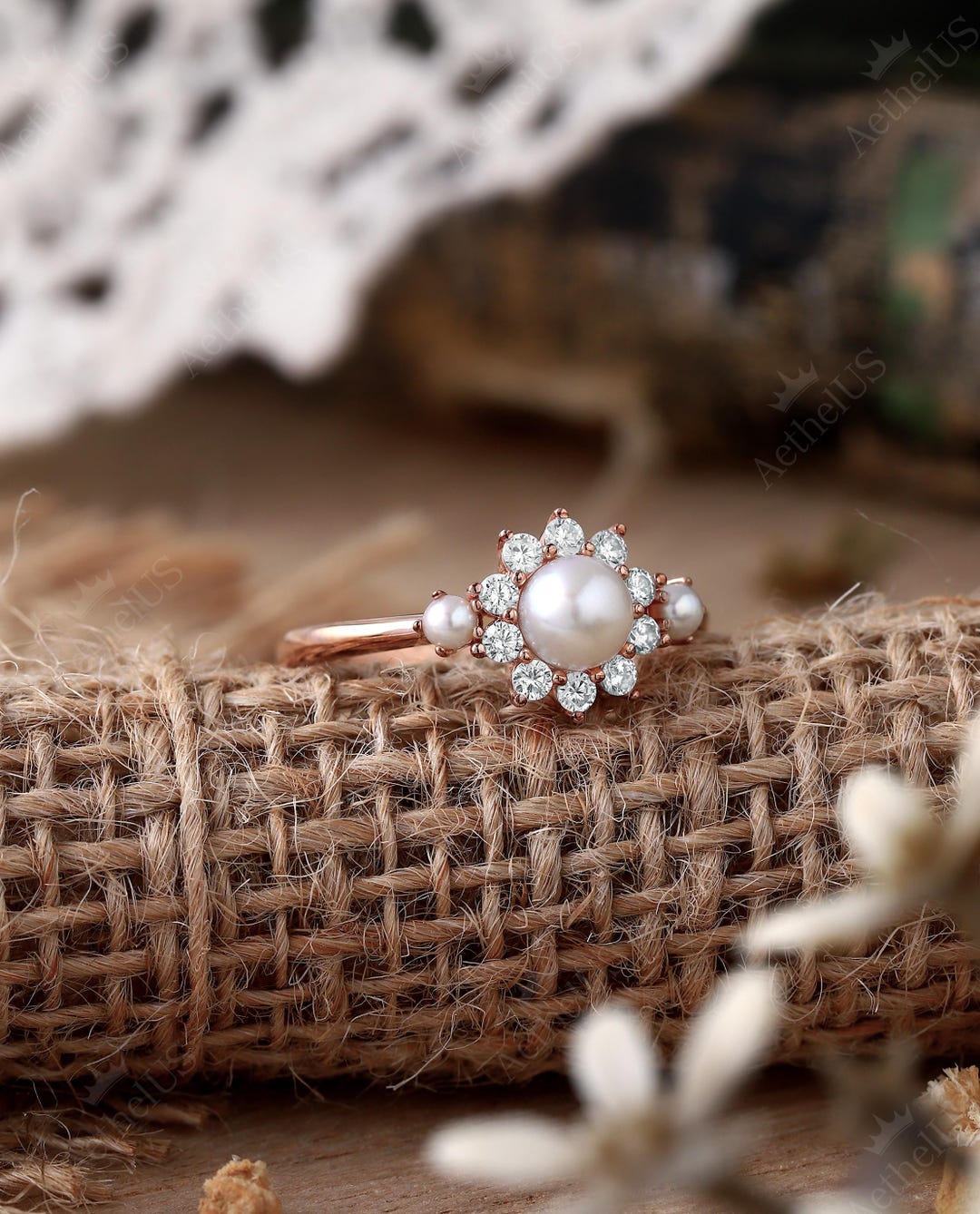 Dainty Round Pearl Engagement Ring: Vintage Rose Gold Moissanite Floral ...