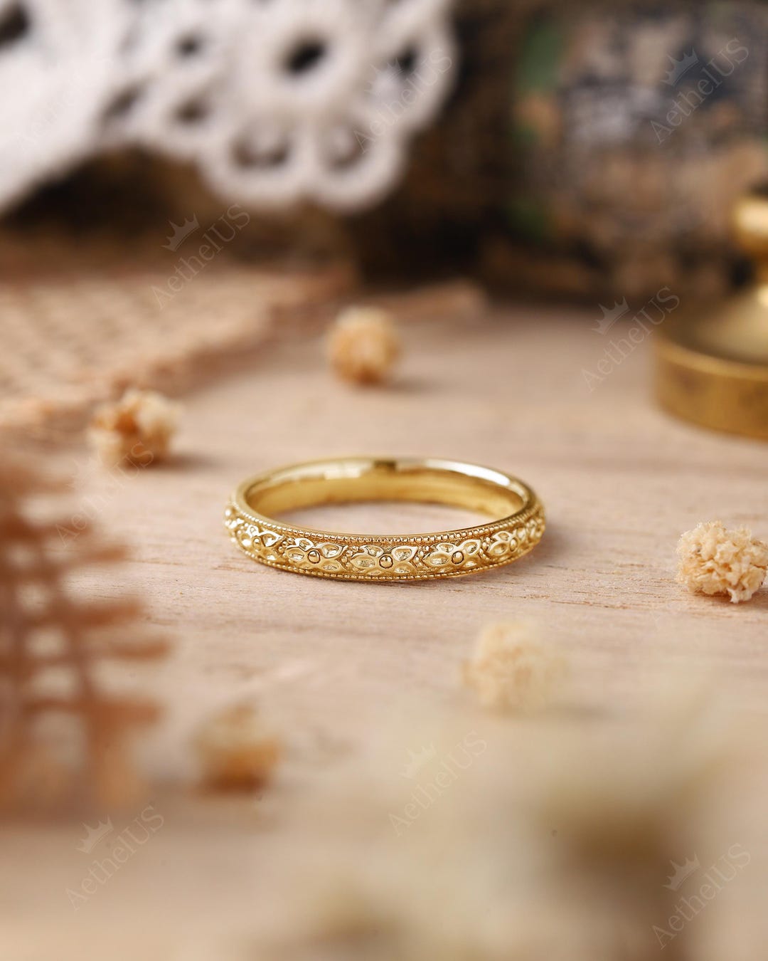 Floral Pattern Wedding Band, Vintage Engraved Milgrain Wedding Ring ...