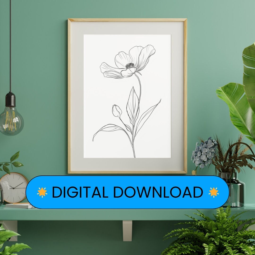 Black and White Flower Poster Digital Download Minimalist Floral Wall ...
