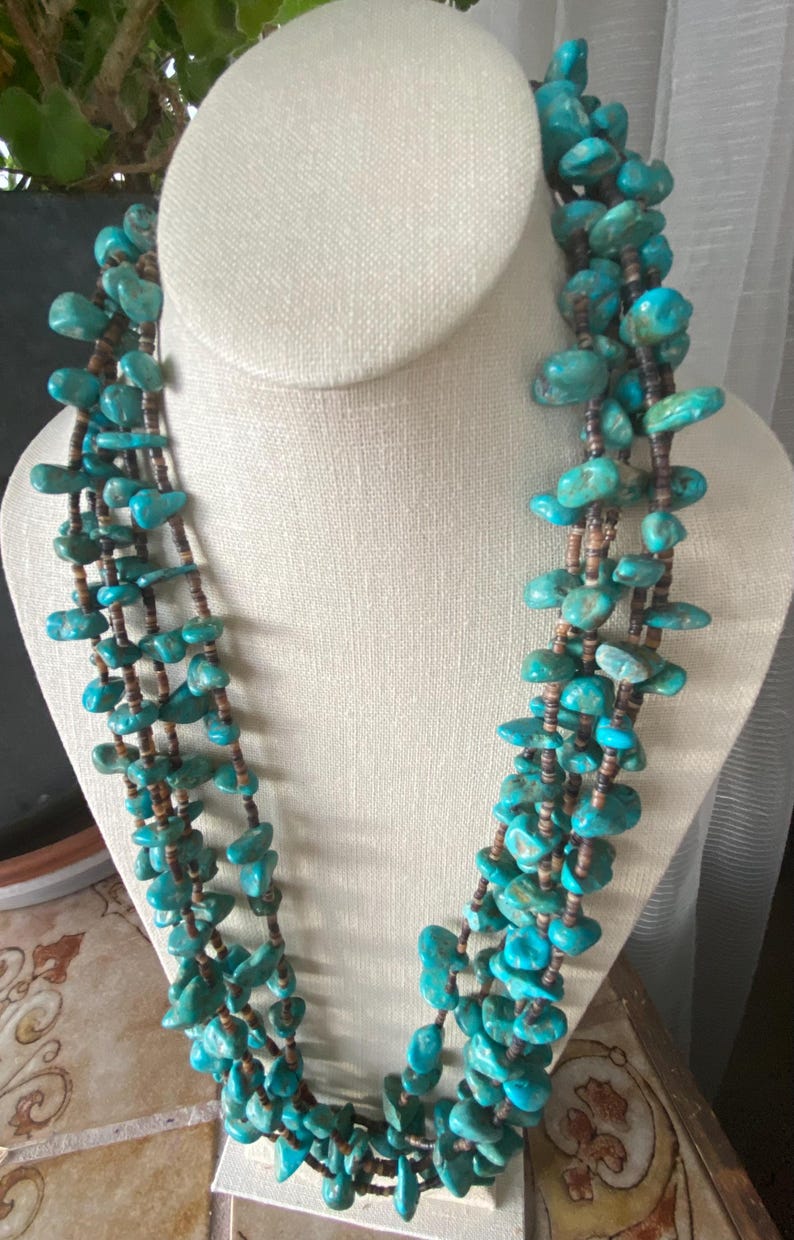 1960’s PUEBLO Santo Domingo 5 Strand Blue Gem TURQUOISE Nugget NECKLACE ...