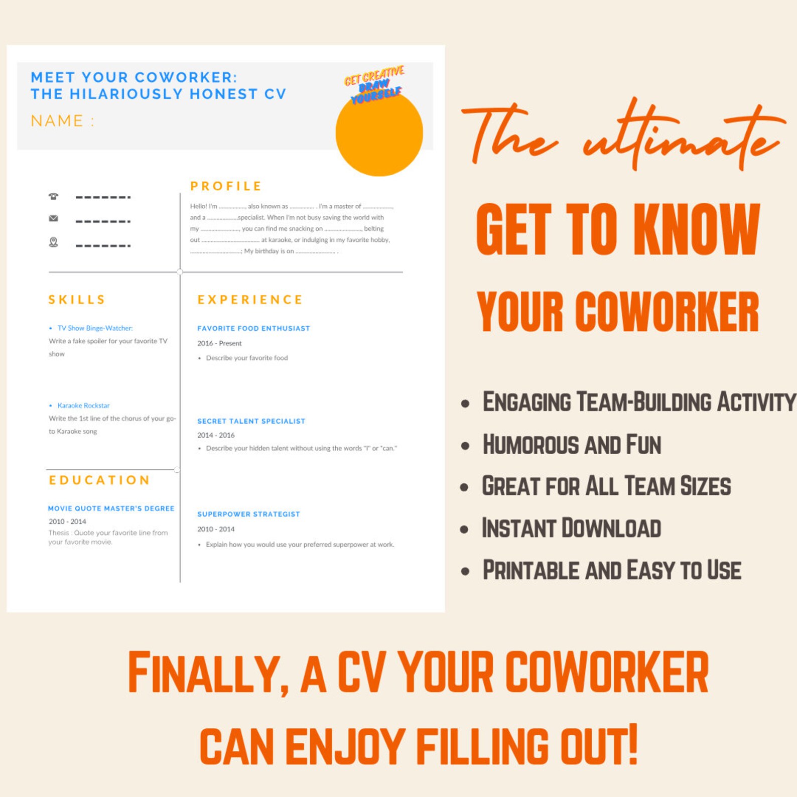 Employee Favorites List as a CV Printable PDF, Get to Know Your Team in ...