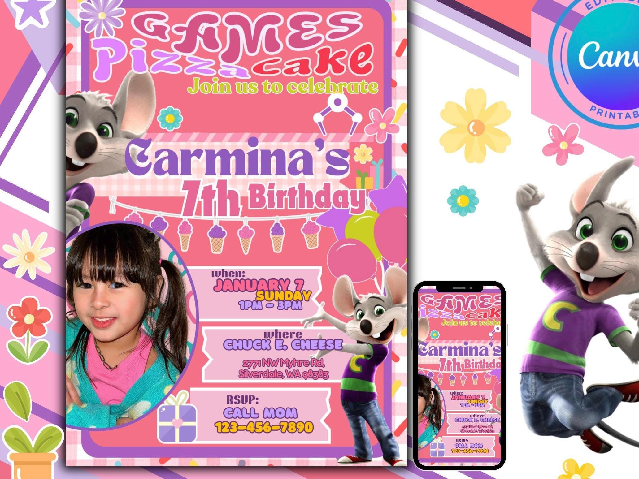 Chuck E Cheese Birthday Invitation for Girl (editable Invitation) Canva Pink - Etsy