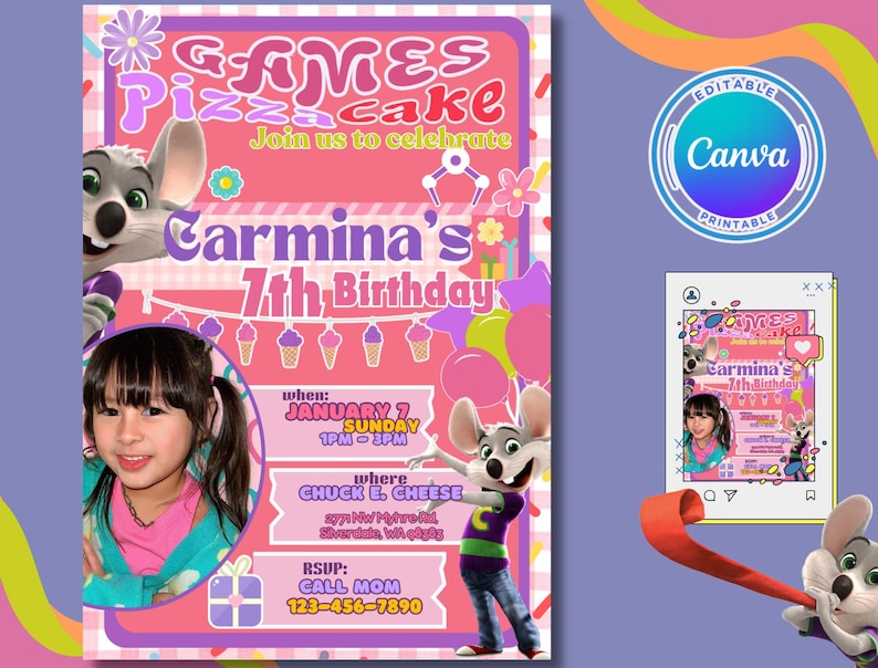 Chuck E Cheese Birthday Invitation for Girl (editable Invitation) Canva ...