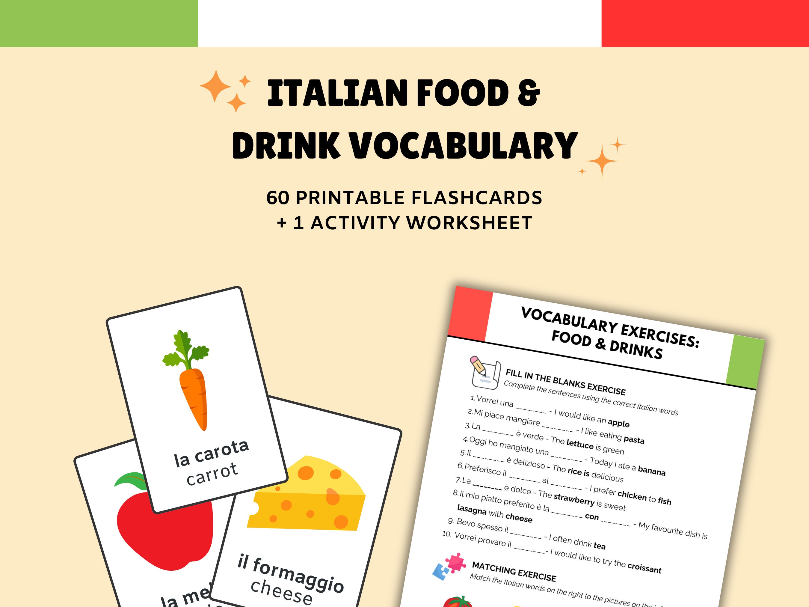 ITALIAN Food & Drink Printable Vocabulary Activities for BEGINNERS ...