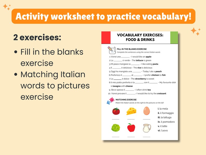 ITALIAN Food & Drink Printable Vocabulary Activities for BEGINNERS ...