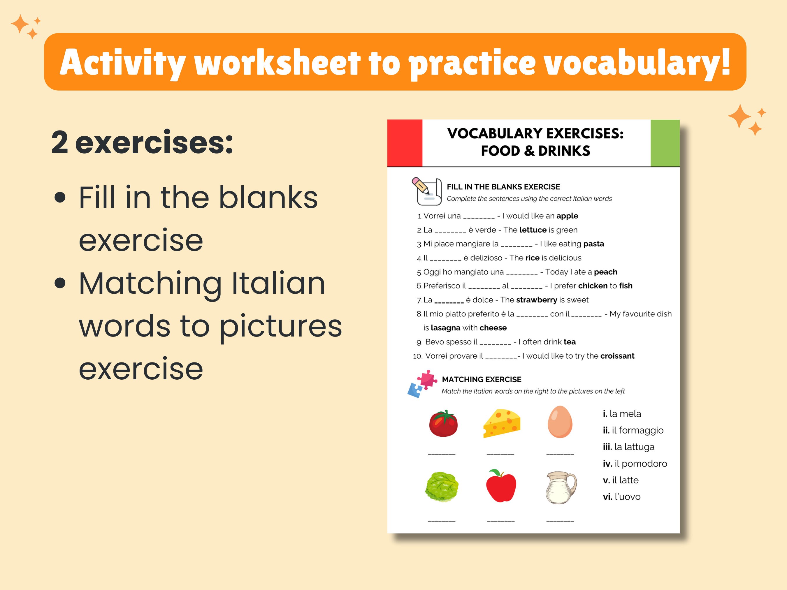 ITALIAN Food & Drink Printable Vocabulary Activities for BEGINNERS ...