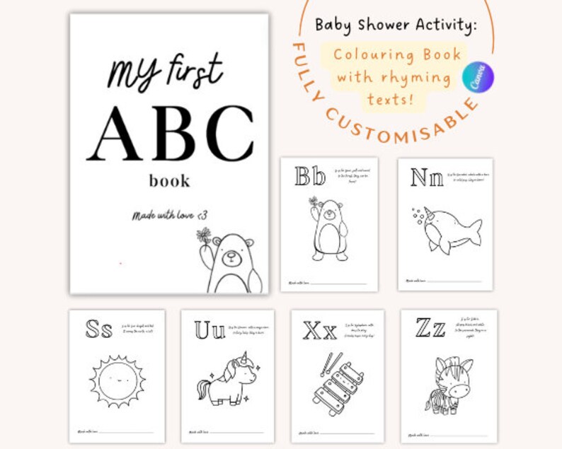 ABC Baby Shower Activity Colouring Book, Baby's First ABC Book, Baby ...