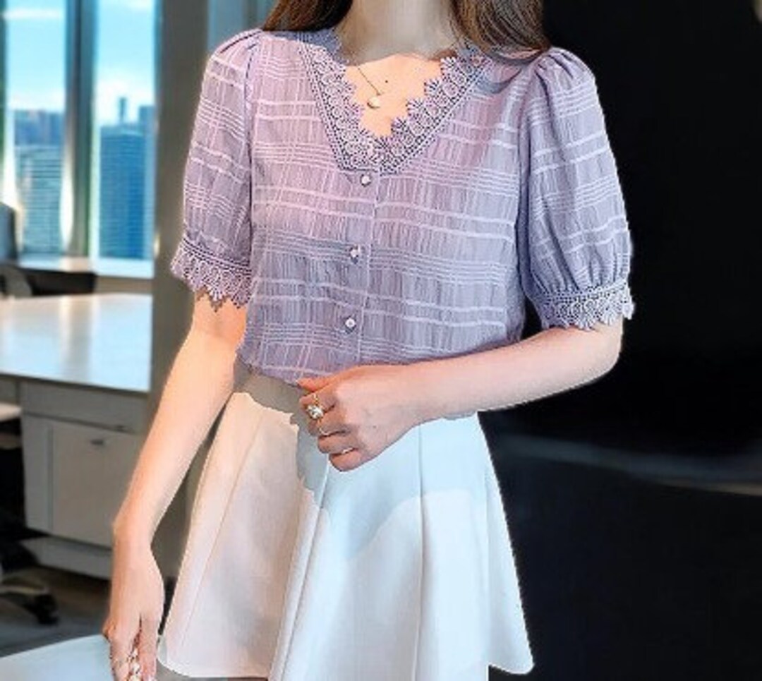 V-neck Vintage Work Chiffon Blouse,elegant Short Sleeve Summer Office ...