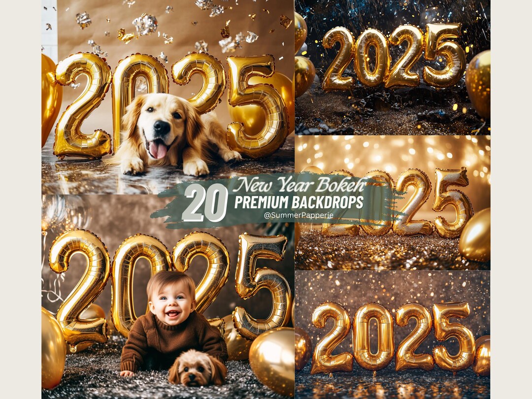 New Year Studio Digital Background Overlay Large Metallic Balloon 2025 ...