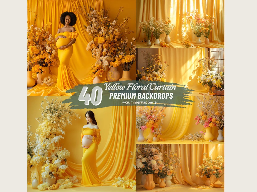 Yellow Floral Curtain Backgrounds Digital Backdrops Overlay Maternity ...