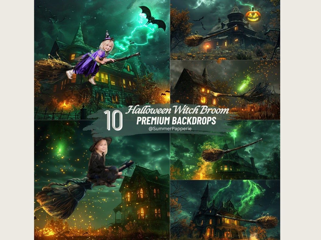 Witch Broom Halloween Digital Background Overlay, Spooky Halloween ...