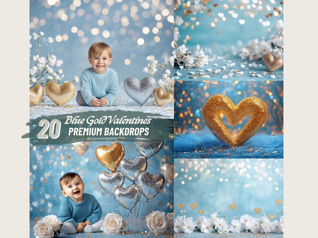 Valentine's Day Blue Gold Digital Background Heart-shaped Bokeh Overlay ...