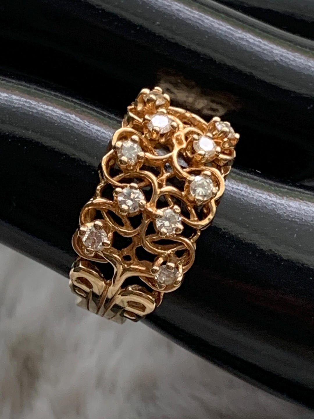 Vtg Filigree Ring Band With Natural Diamonds in 14kp Yellow Gold 5.8gr ...
