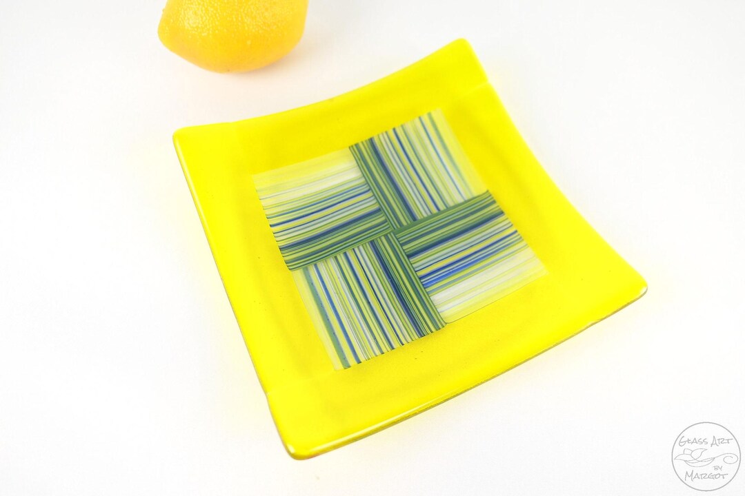 Fused Glass Plate Square Sushi Yellow With Blue Sripe Accent - Etsy