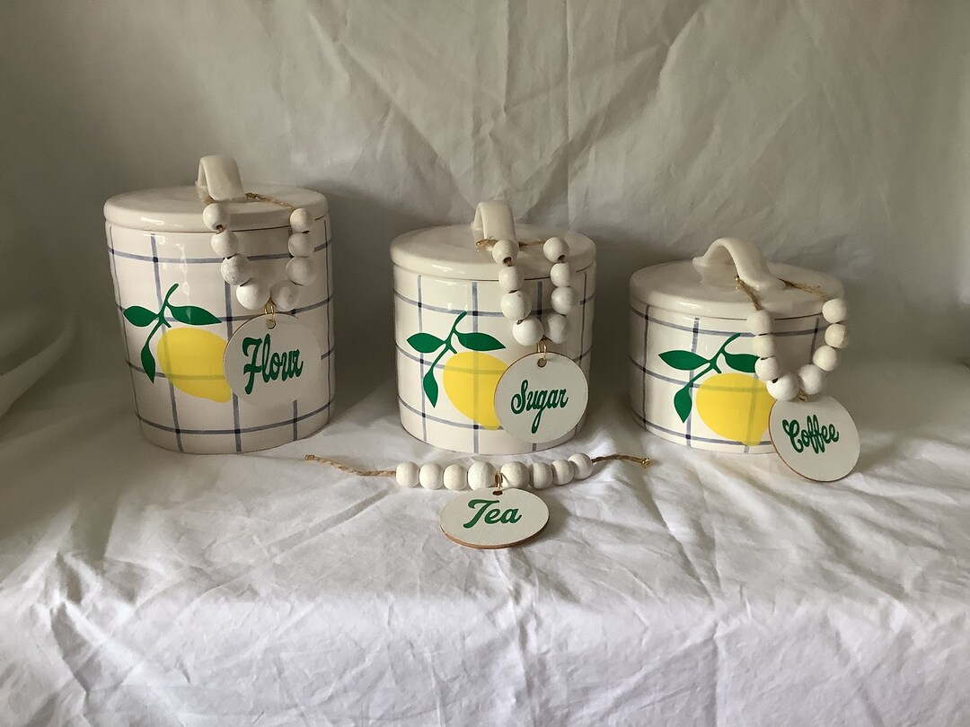 Canister Set Ceramic Lemon Appliqué With Interchangeable Pendant Tags ...