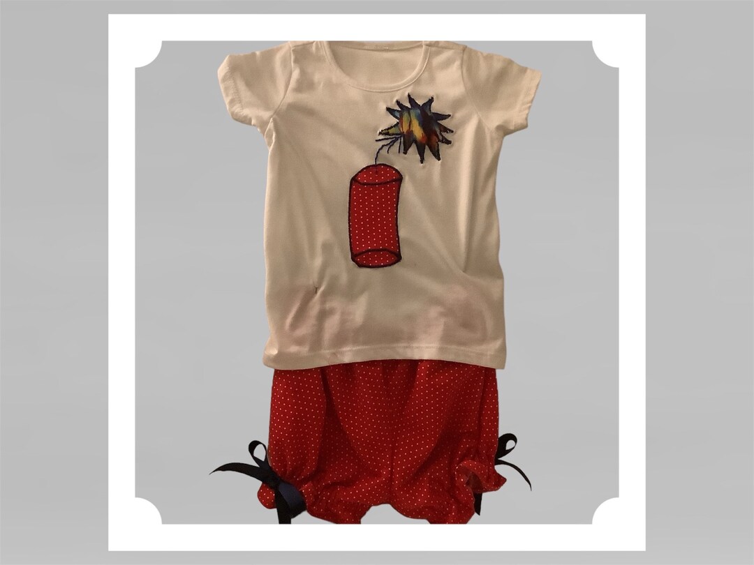 Girls July 4th Outfit: Firecracker Appliqué T-shirt & Gingham Bloomers ...
