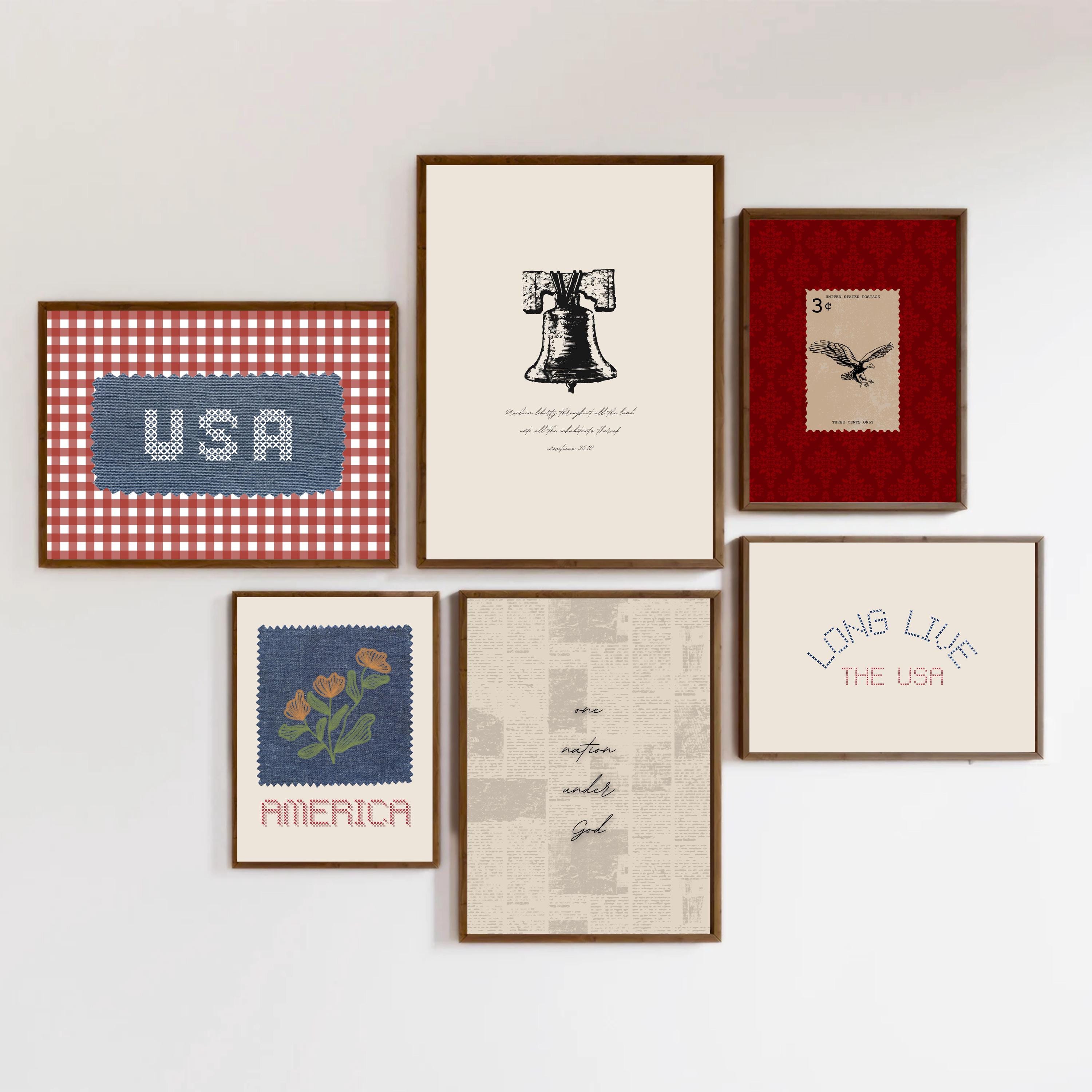 Patriotic Gallery Wall Art Set of 6 Vintage Americana Prints Red White ...