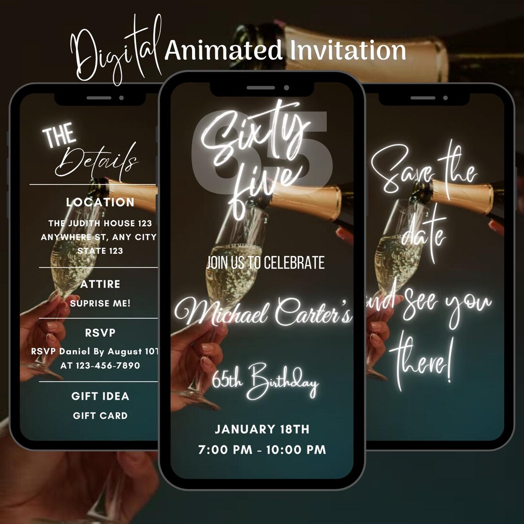 Animated 65th Birthday Invitation: Blue Dinner Party Video Invite ...