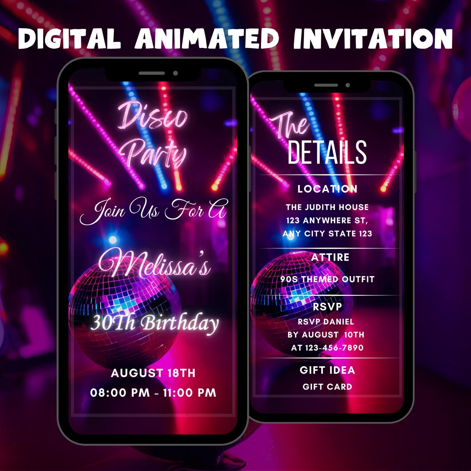 Editable Neon Disco Party Invitation, Disco Birthday Party Animated ...