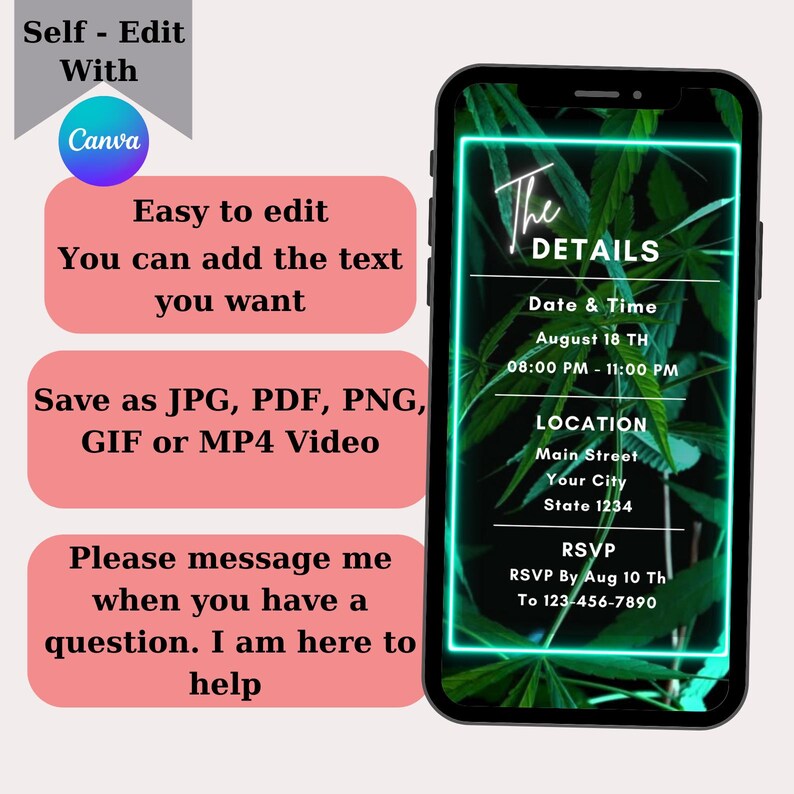 Editable Animated Neon Cannabis Theme Birthday Party Invitation for ...