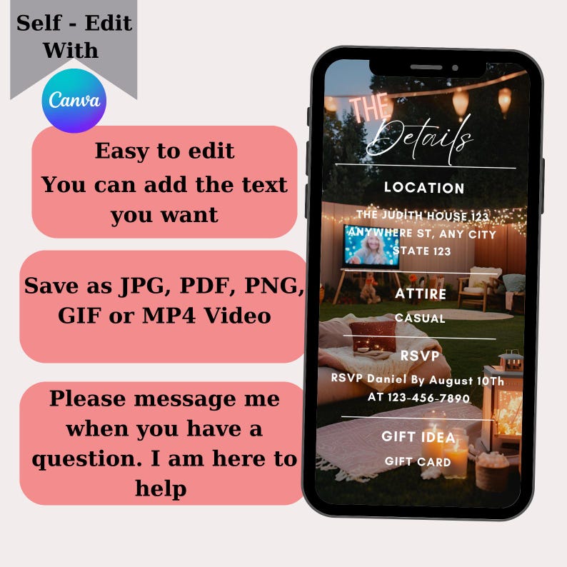 Animated Backyard Movie Night Video Invitation, Editable Birthday ...