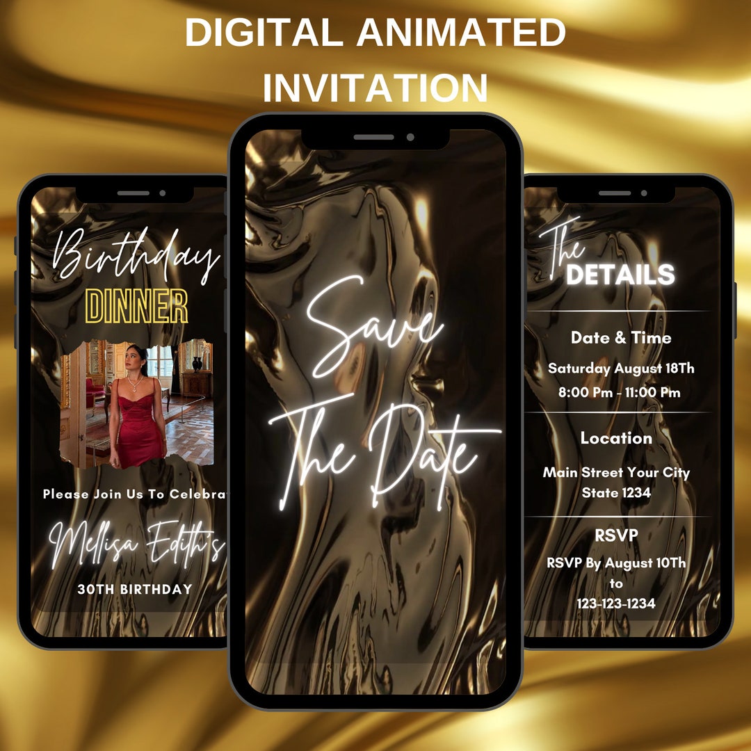 Editable Gold Save the Date Birthday Invitation, Birthday Party Video ...