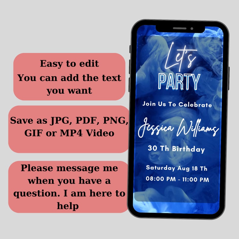 Editable Blue Smoke Birthday Party Invitation, Birthday Party Video ...