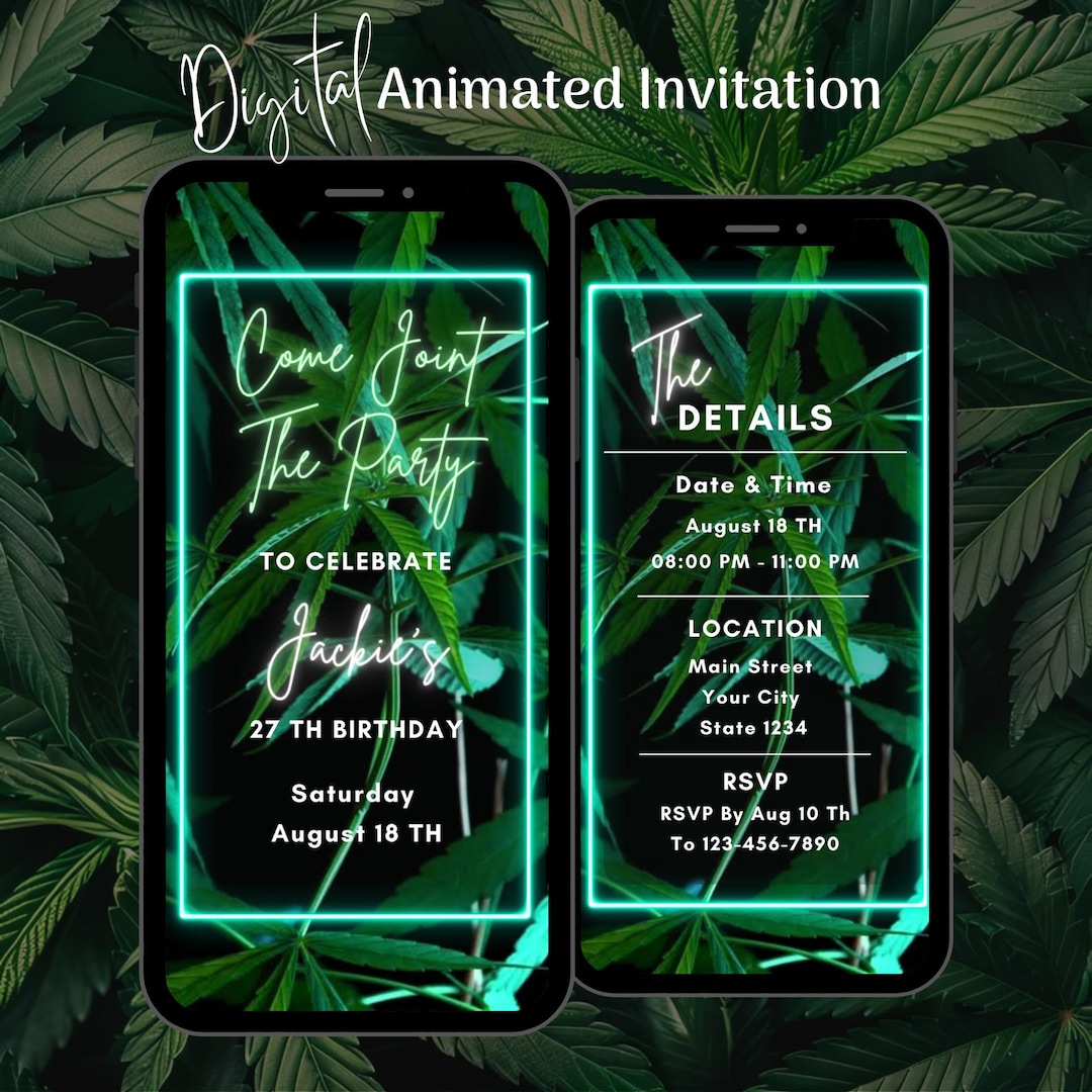 Editable Animated Neon Cannabis Theme Birthday Party Invitation for ...