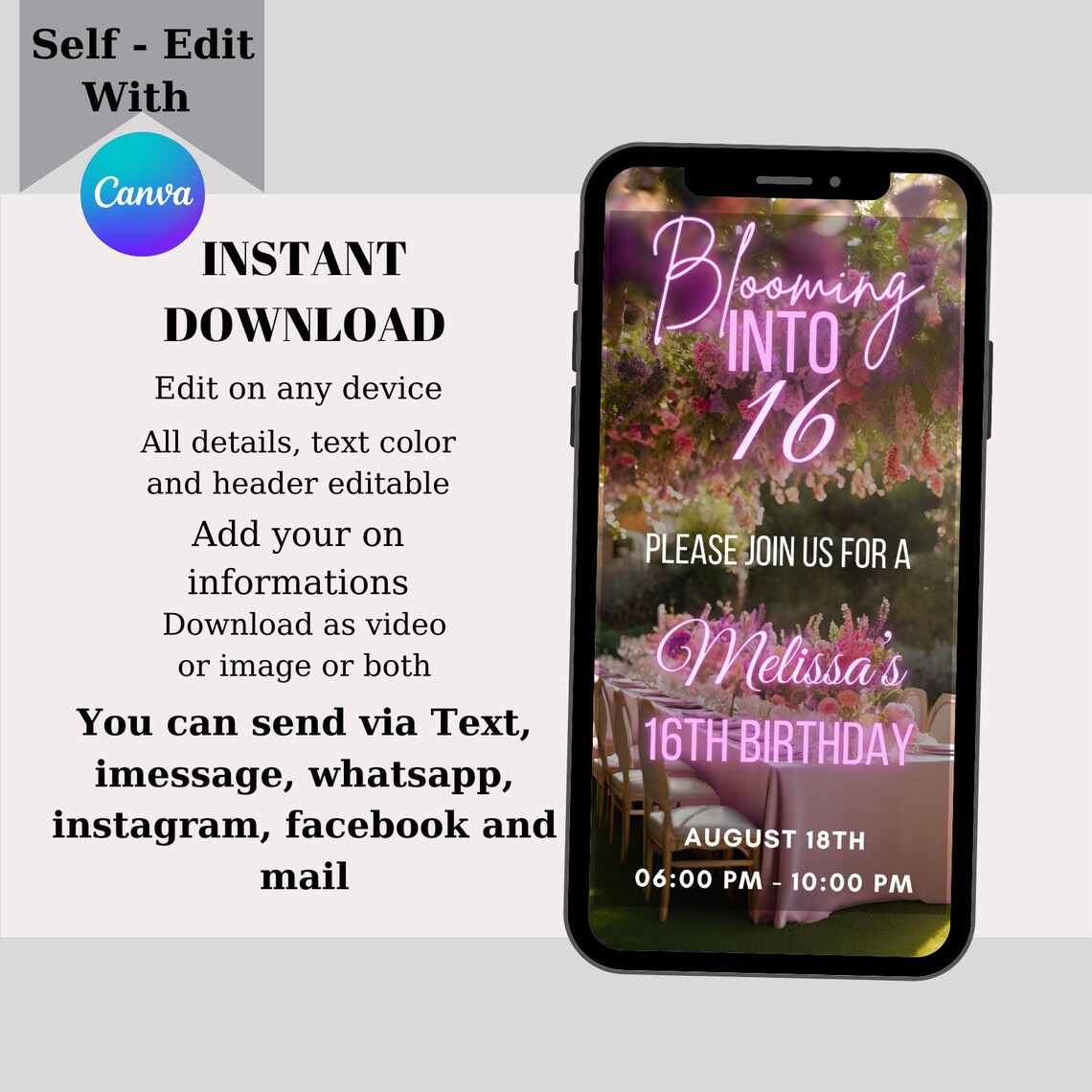 Editable Blooming Into 16 Birthday Invitation, Animated 16th Party ...